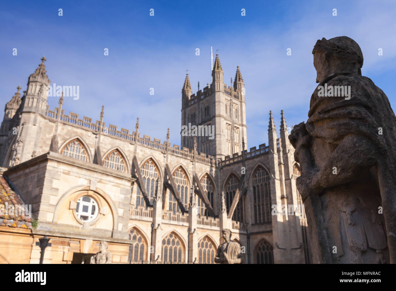 Ancient stone statue silhouette in Roman baths, Bath, Somerset, UK ...