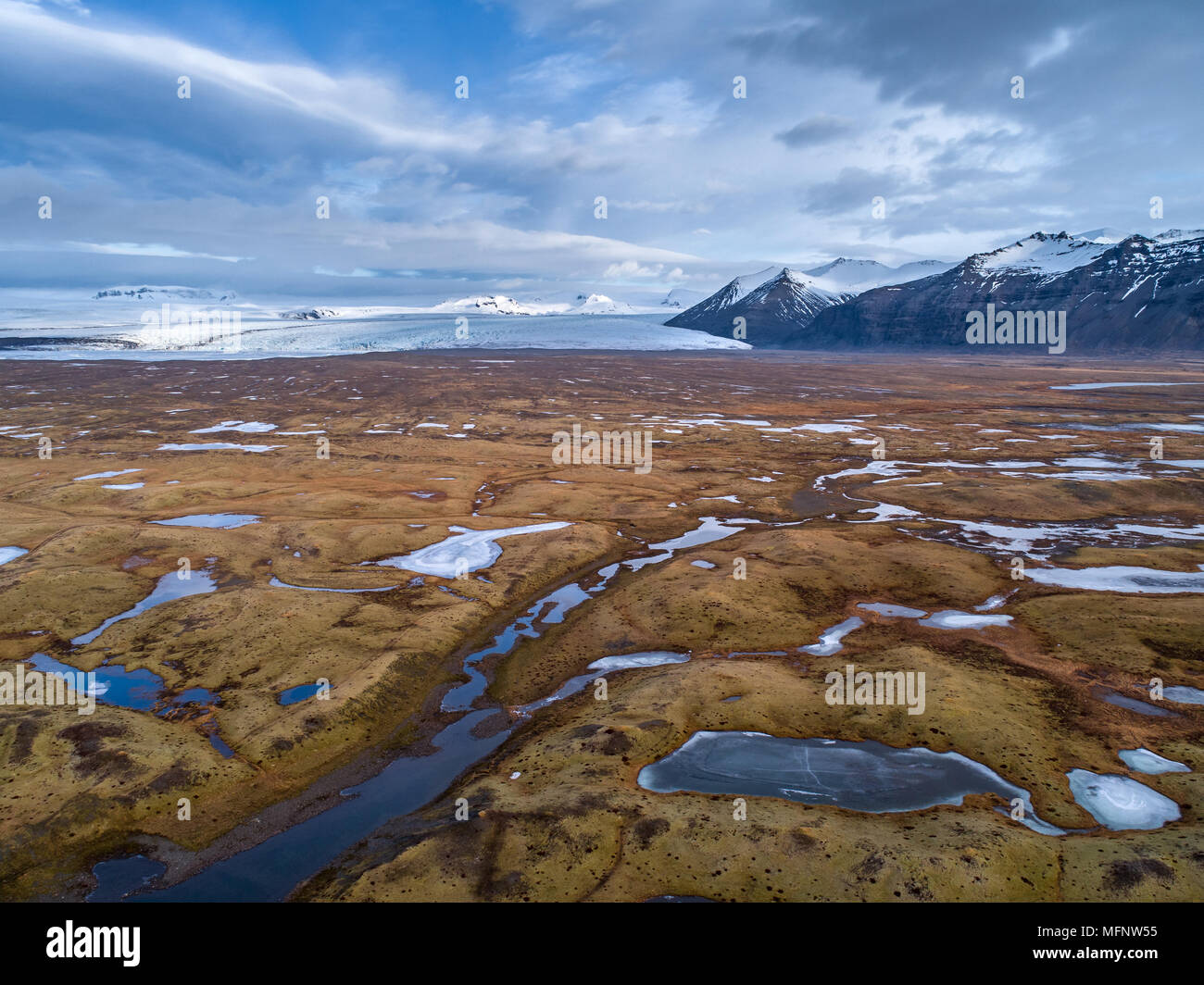 Aerial view of Icelandic landscape with glacier and mountains Stock ...