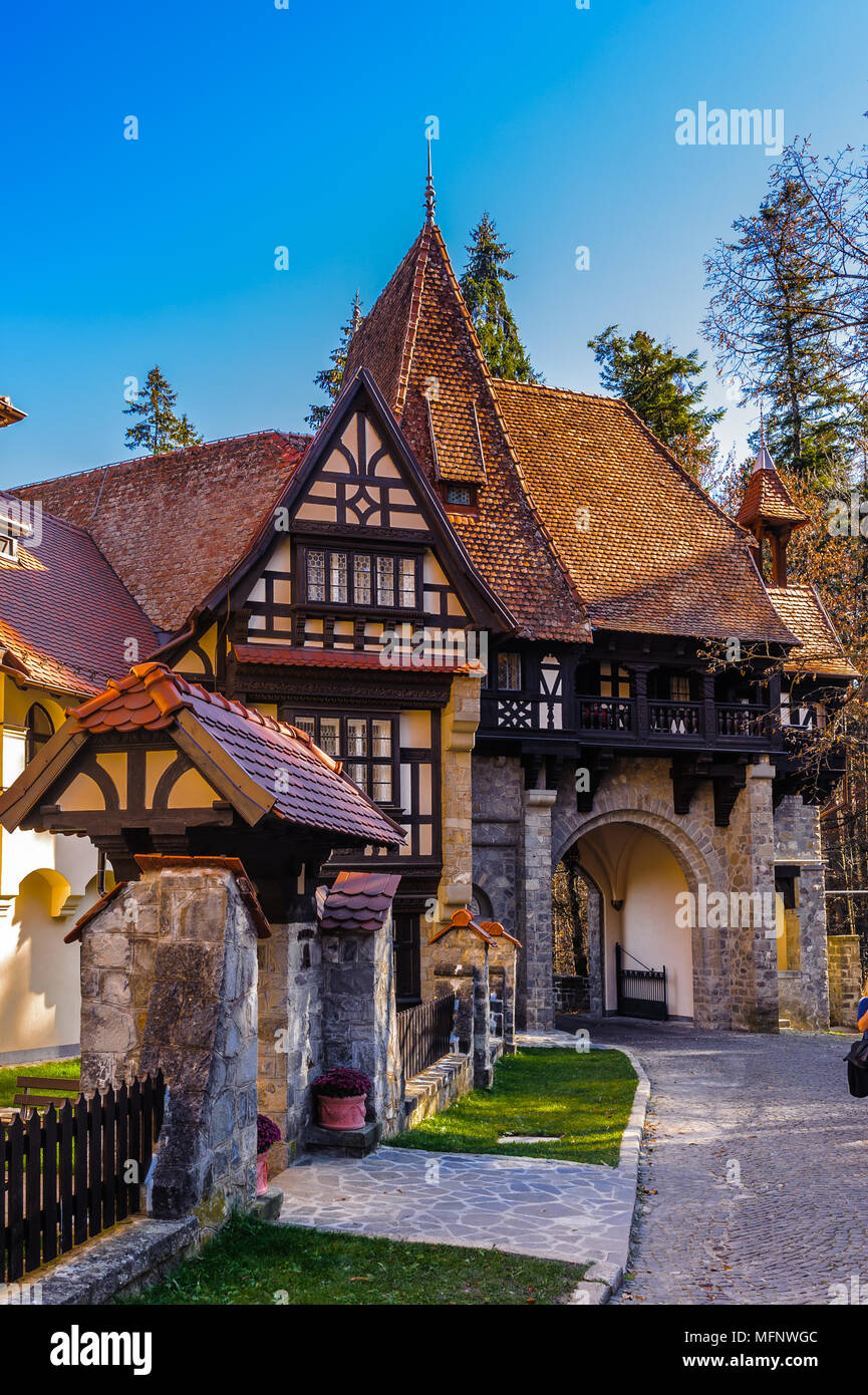 Building made as a medieval castle in Romania Stock Photo - Alamy