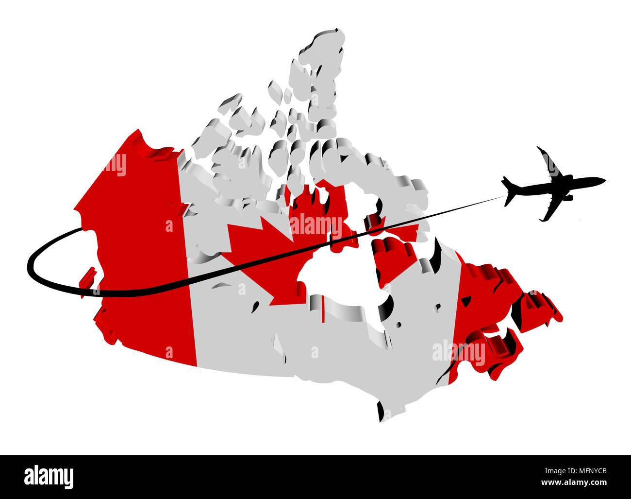 Canada map flag with plane silhouette and swoosh 3d illustration Stock ...