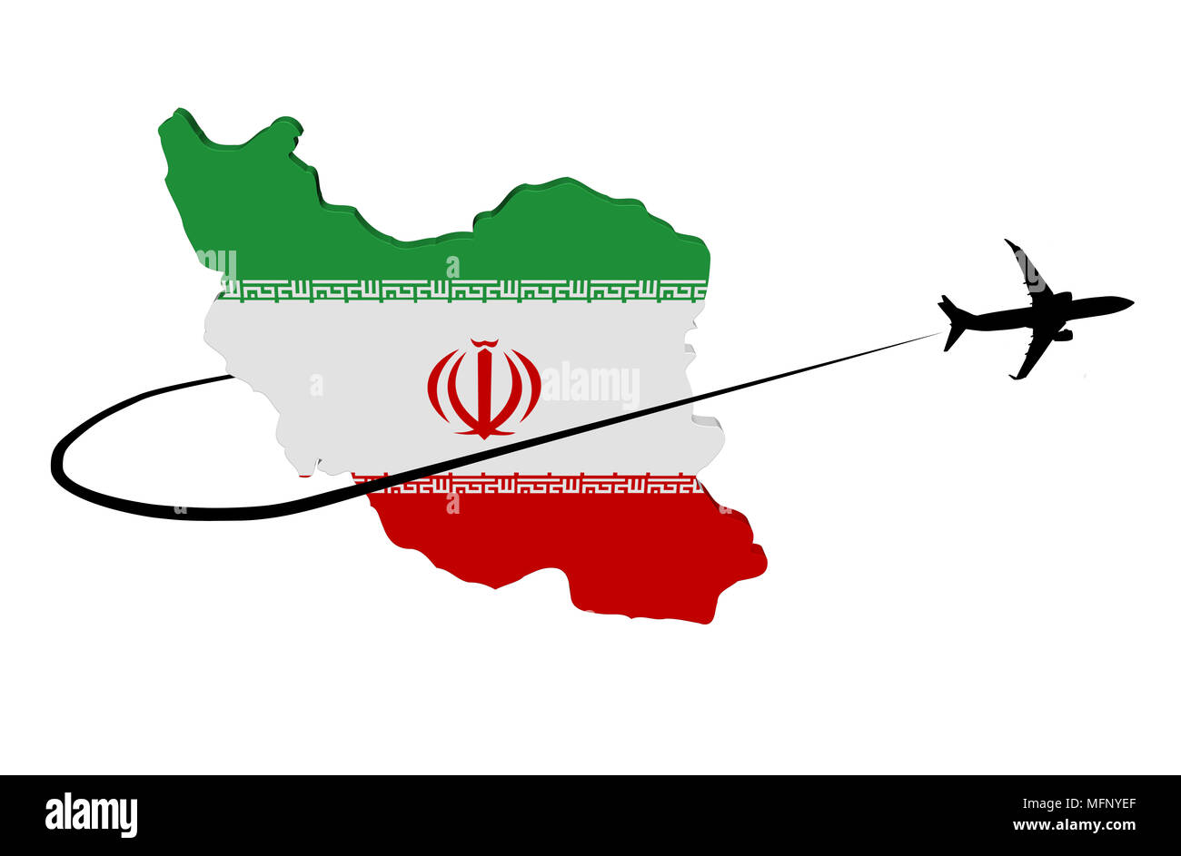 Iran map flag with plane silhouette and swoosh 3d illustration Stock ...