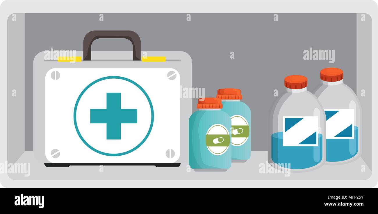 shelf with medical kit and bottles drugs vector illustration design ...