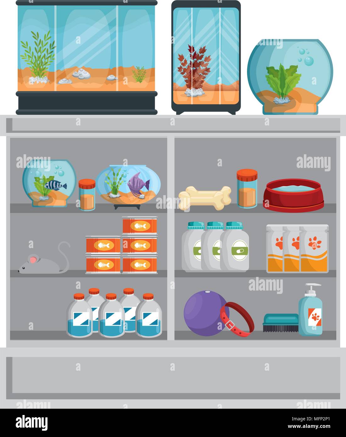 shelving of veterinary store with aquariums and products vector ...