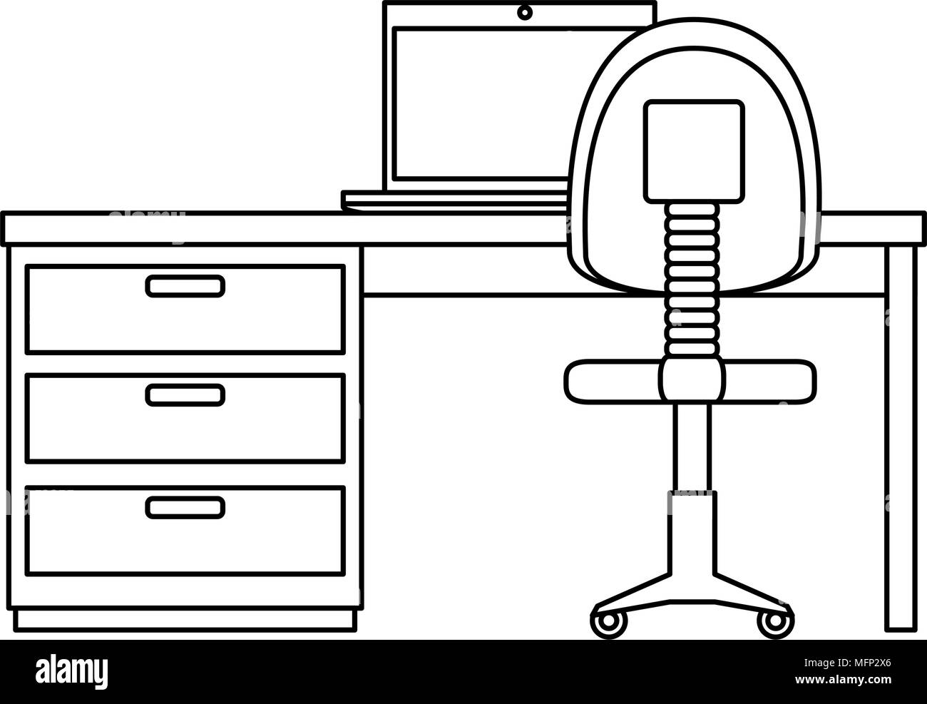 laptop computer in desk and office chair vector illustration design ...
