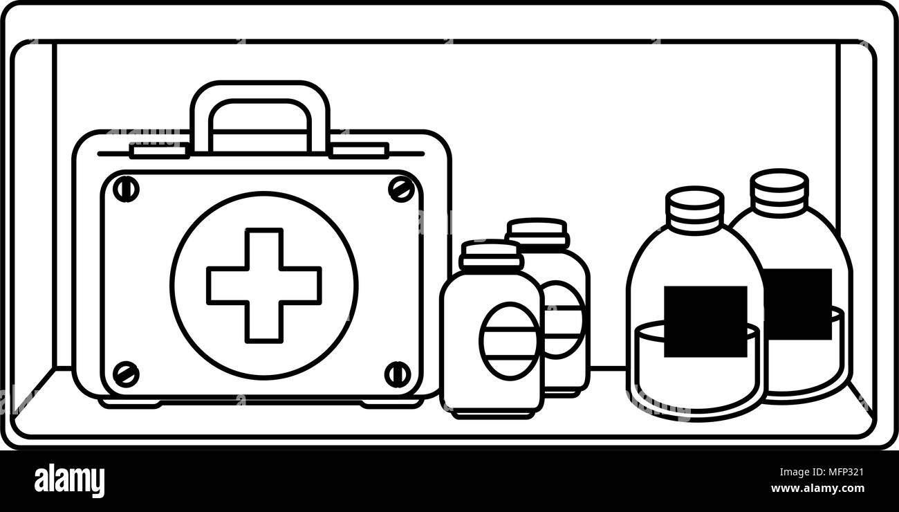 shelf with medical kit and bottles drugs vector illustration design ...