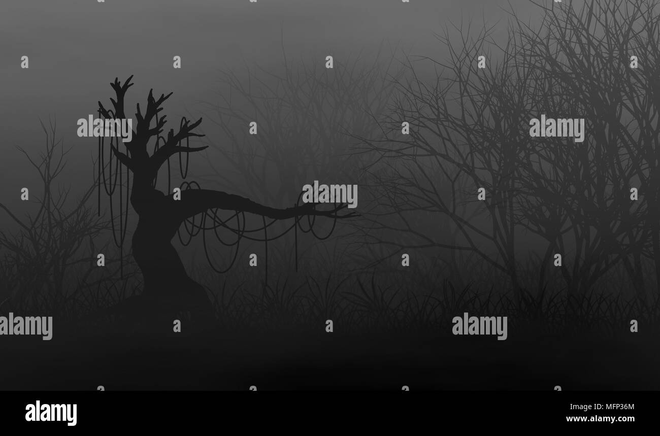 Scary creepy trees forest in the dark illustration design background ...