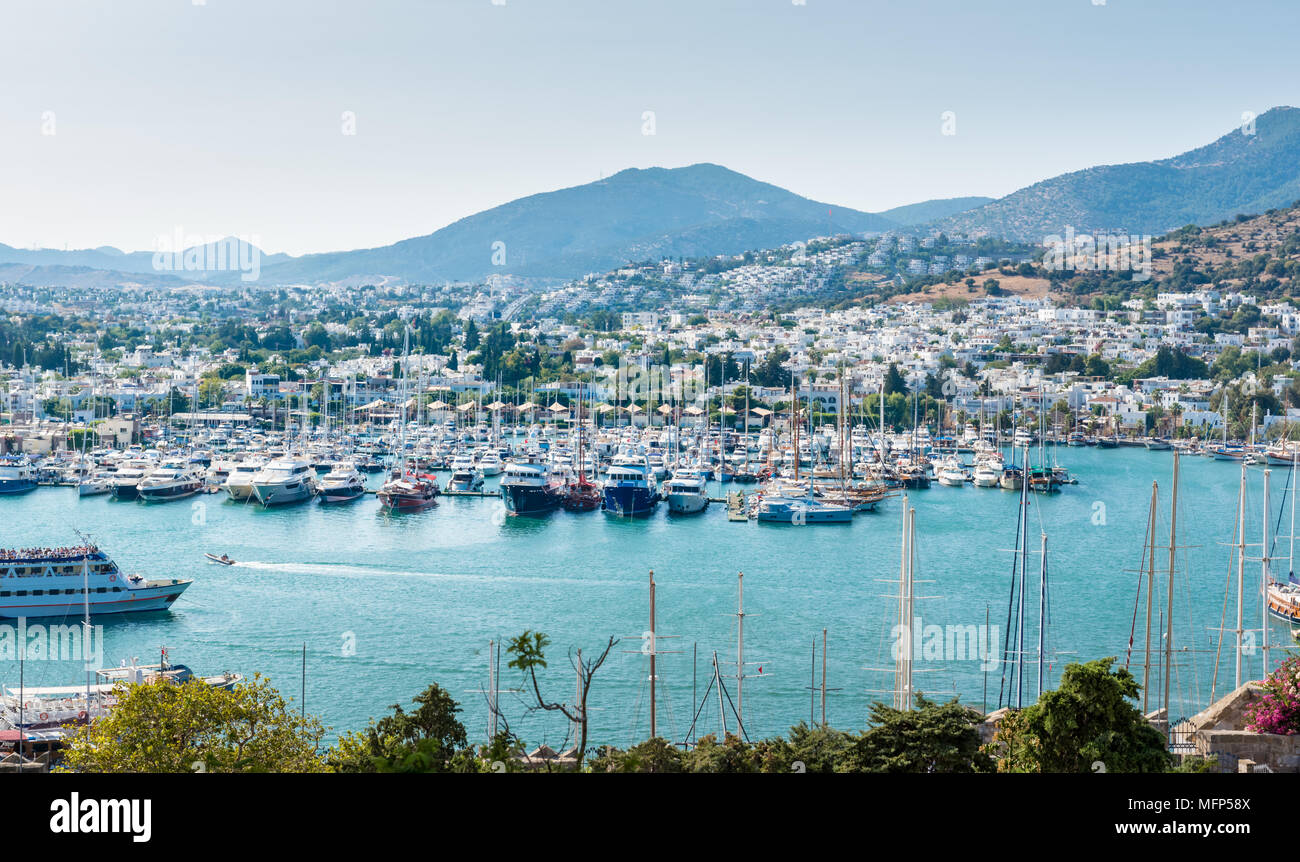 Aerial view of Bodrum Marine with yachts from top of St. Peter Castle ...