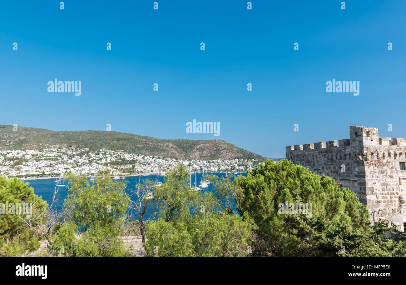 Aerial view of Bodrum Marine with yachts from top of St. Peter Castle ...