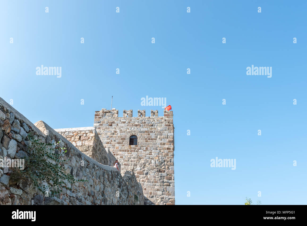 Detailed view of stone tower in Castle of St. Peter or Bodrum Castle ...