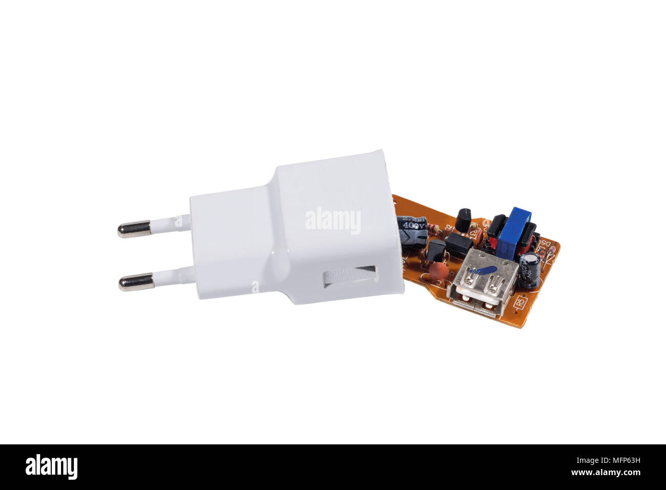 Broken charger in white color. Close-up. Isolated on white background ...