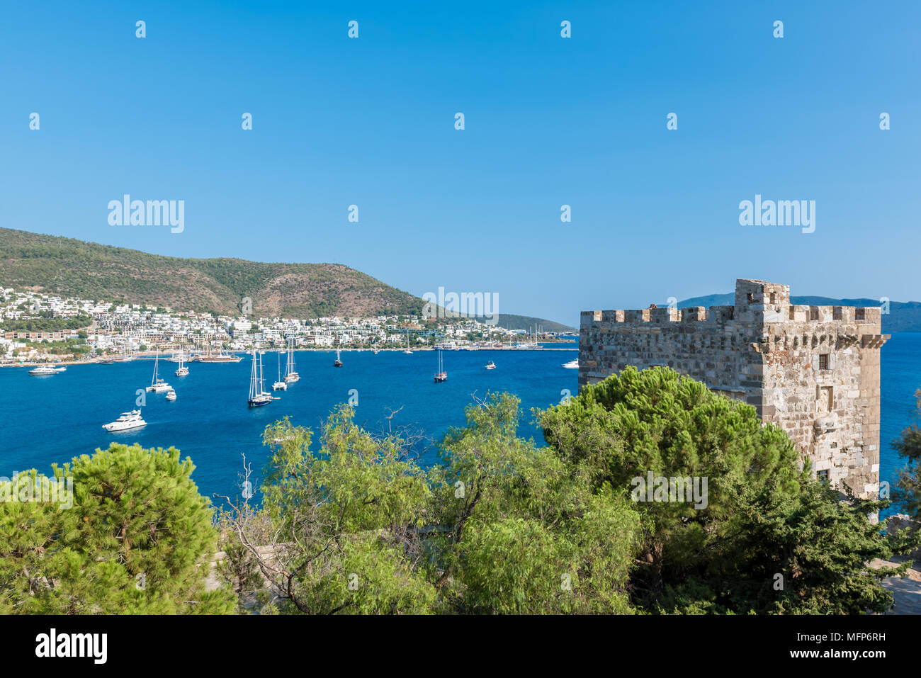 Aerial view of Bodrum Marine with yachts from top of St. Peter Castle ...