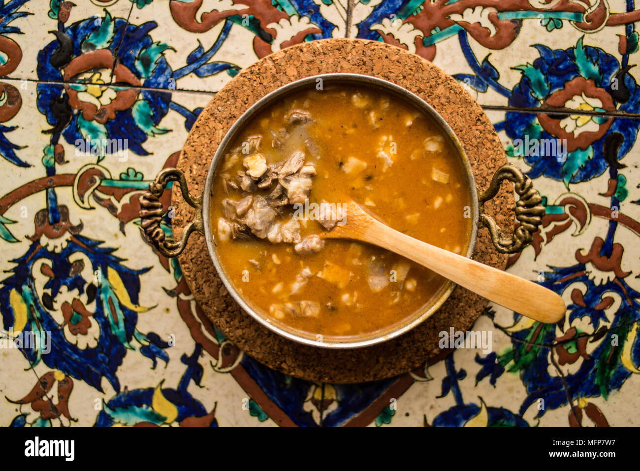 Traditional Turkish Meat Soup Kelle Paca in a copper bowl Stock Photo ...