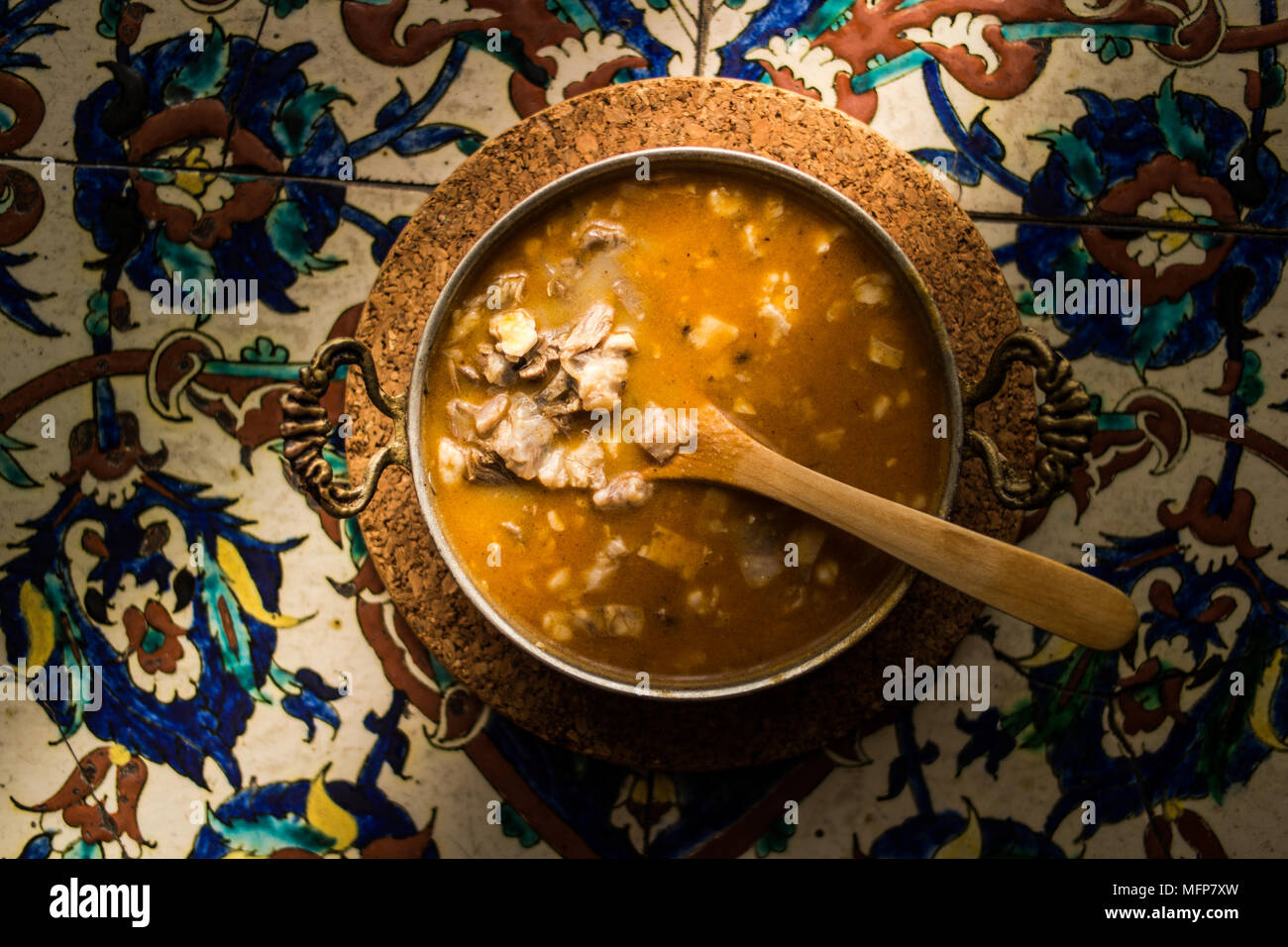 Traditional Turkish Meat Soup Kelle Paca in a copper bowl Stock Photo ...