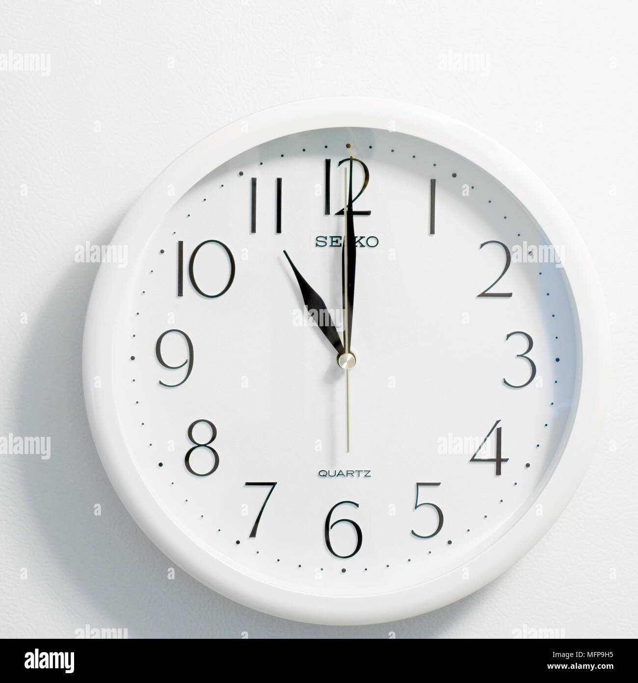 closeup of face of modern clock style showing round white and black ...