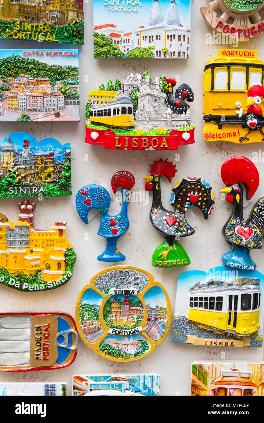 Lisbon color, colorful souvenir fridge magnets on display outside a ...