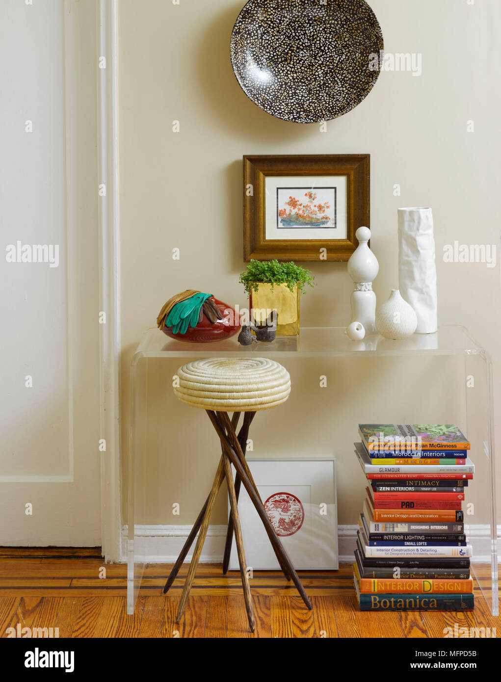 Items arranged on transparent plastic table, New York, USA Stock Photo ...