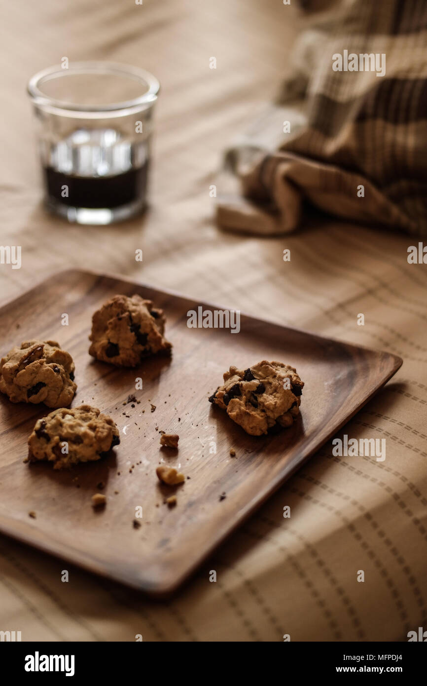 Chocolate chip cookies with the coffee on the bed. (Bedroom Concept ...