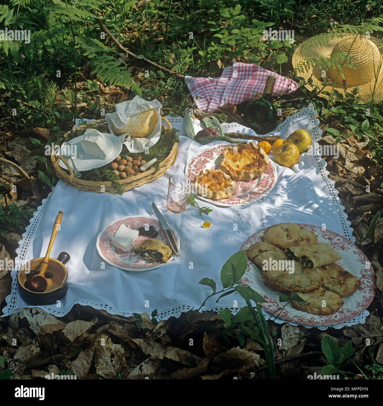 Outdoor eating of picnic with plates of food spread out on white cloth ...