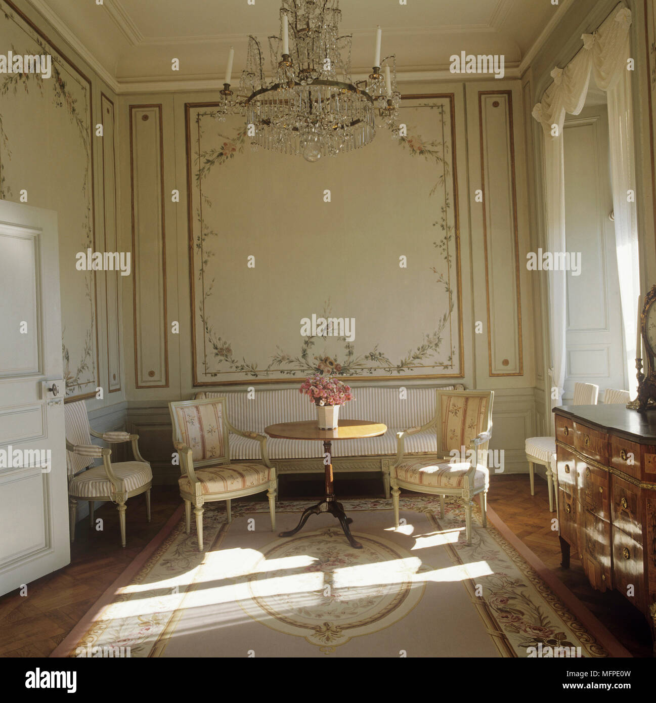 Period style upholstered furniture and console table in grand room ...