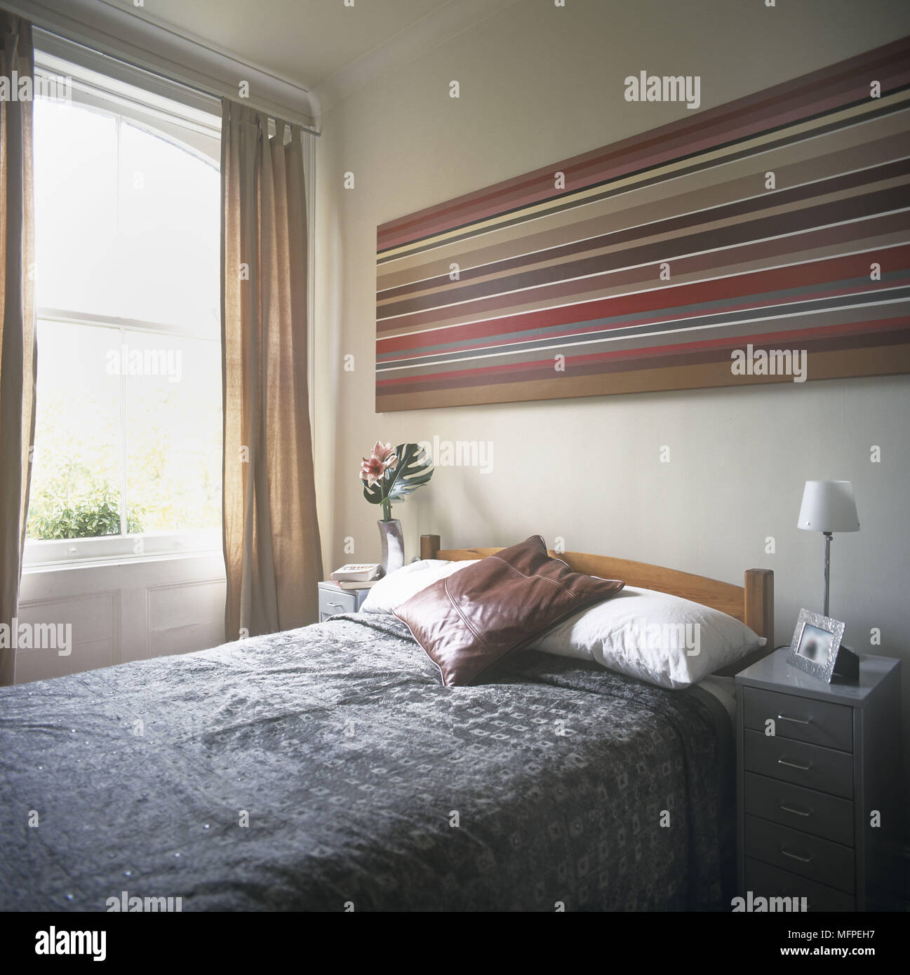 Overview of a modern bedroom double bed window stripe pattern artwork ...