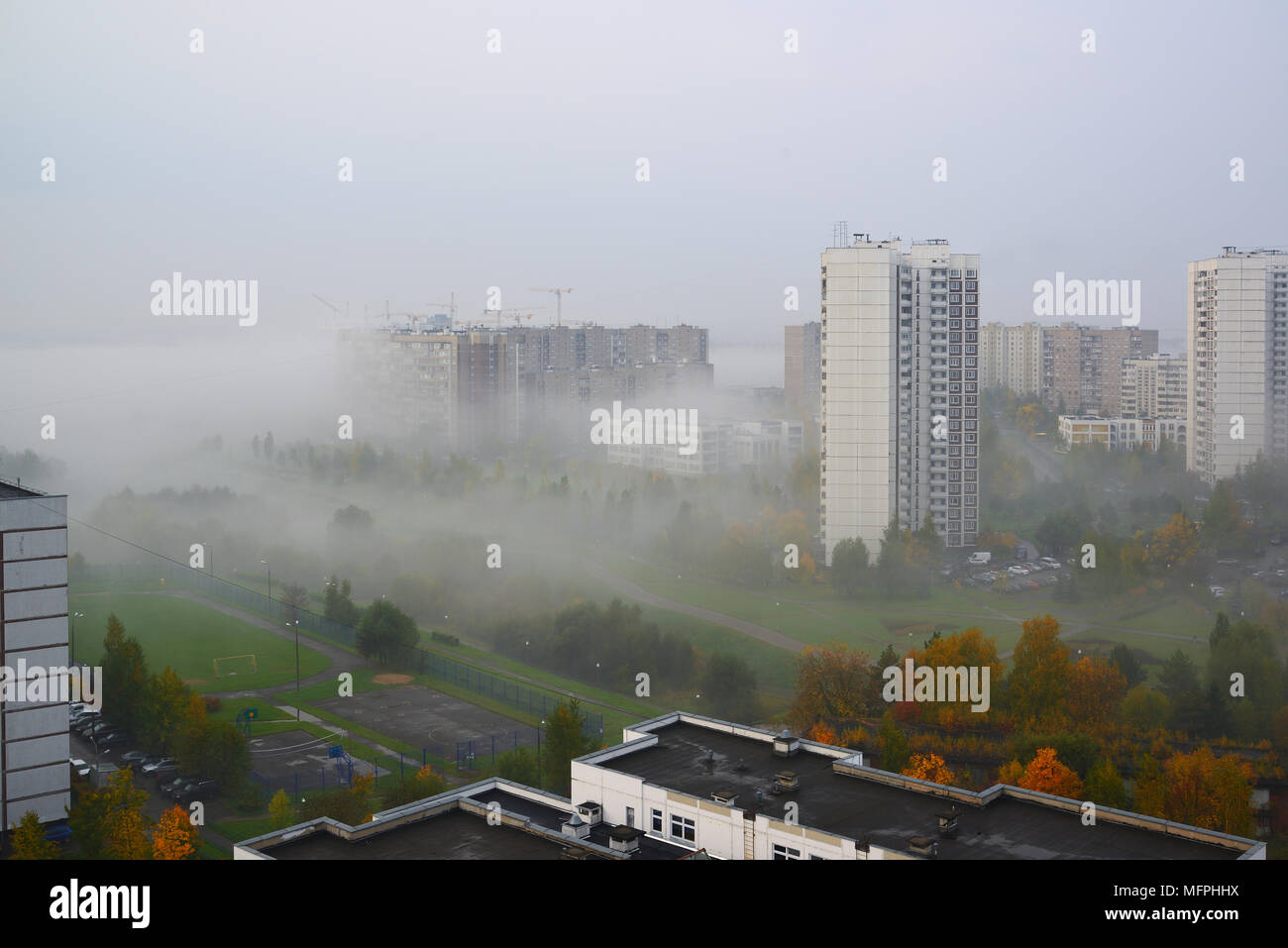 Autumn city landscape with a fog in Moscow, Russia Stock Photo - Alamy
