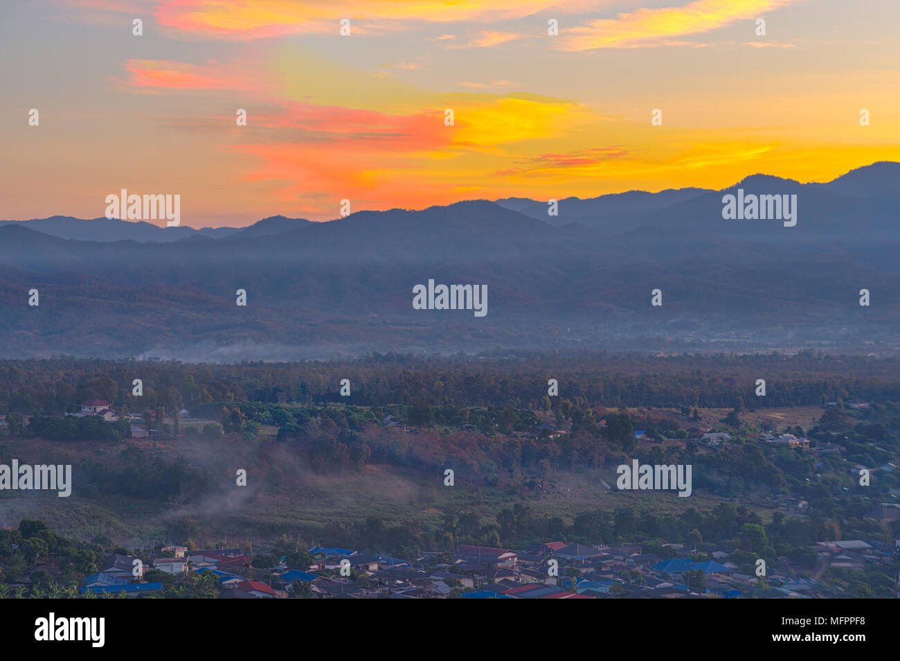 Aerial view of Pai city in early morning sunrise, Mae Hong Son ...