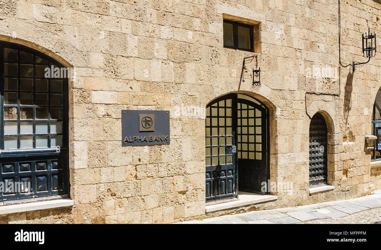 Alpha Bank. Street of the Knights, old town. Rhodes Island. Greece ...
