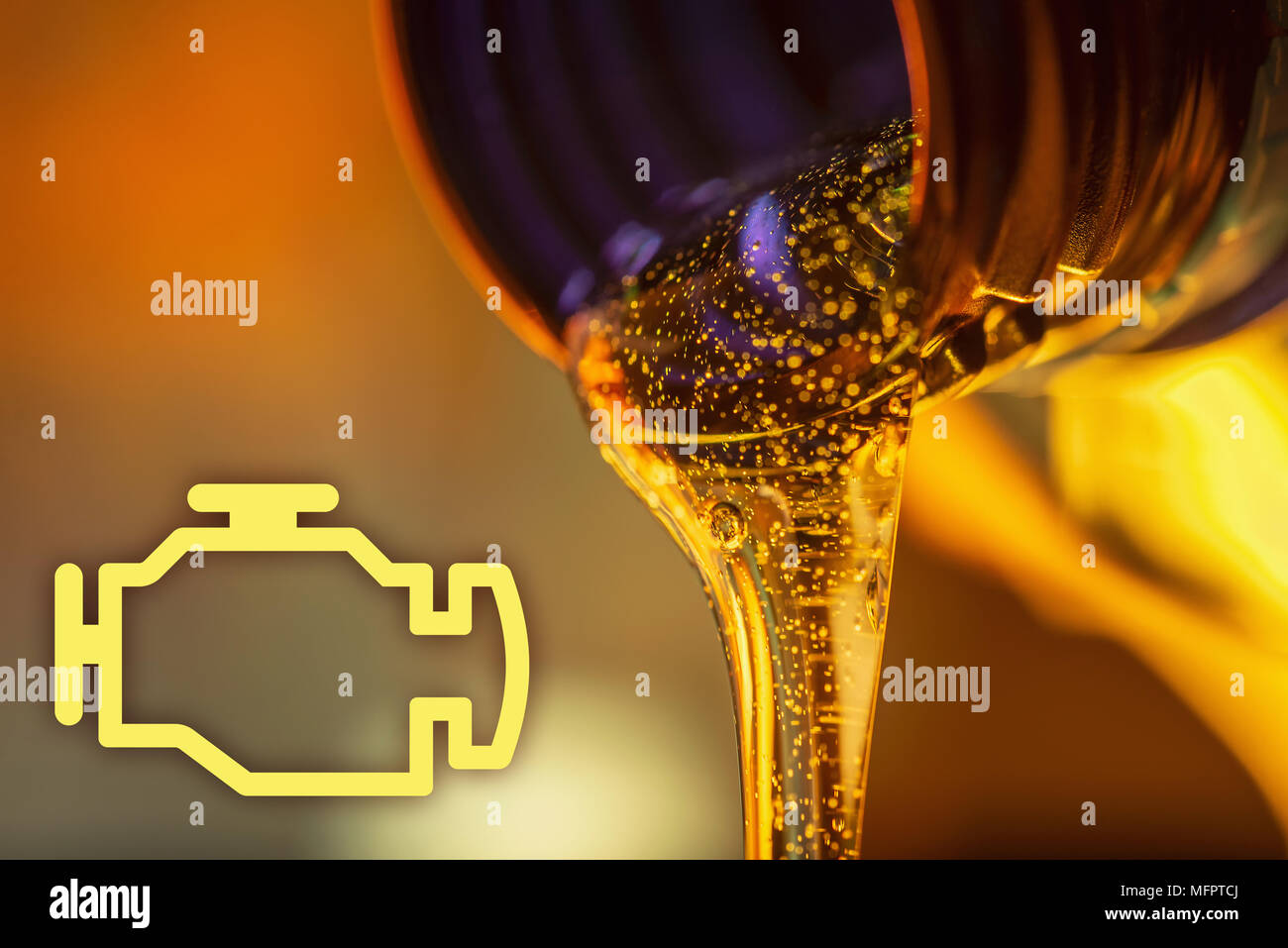 Check engine lamp and liquid stream of motorcycle motor oil flows from ...