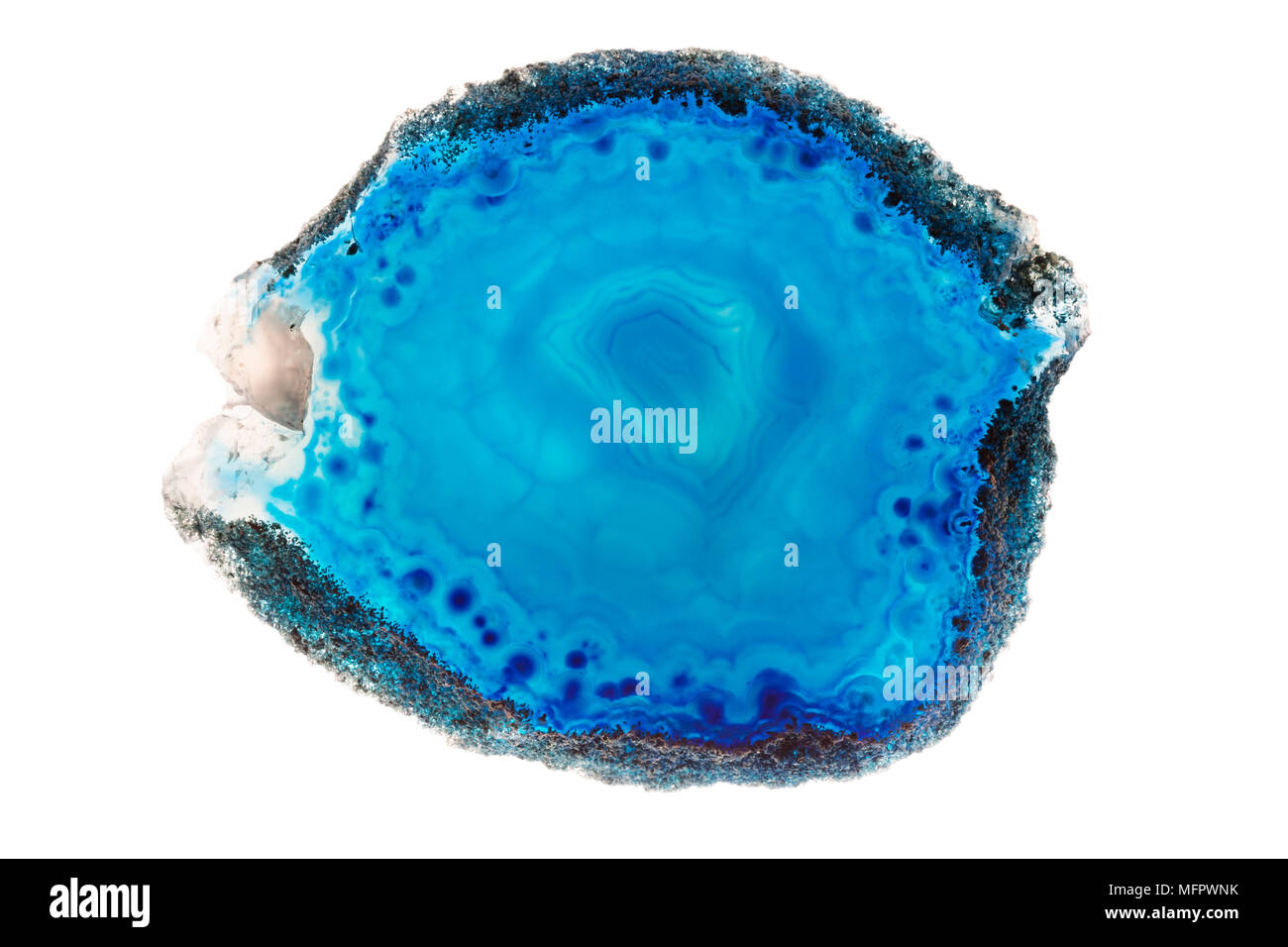 Abstract background, round blue agate round slice mineral isolated on ...