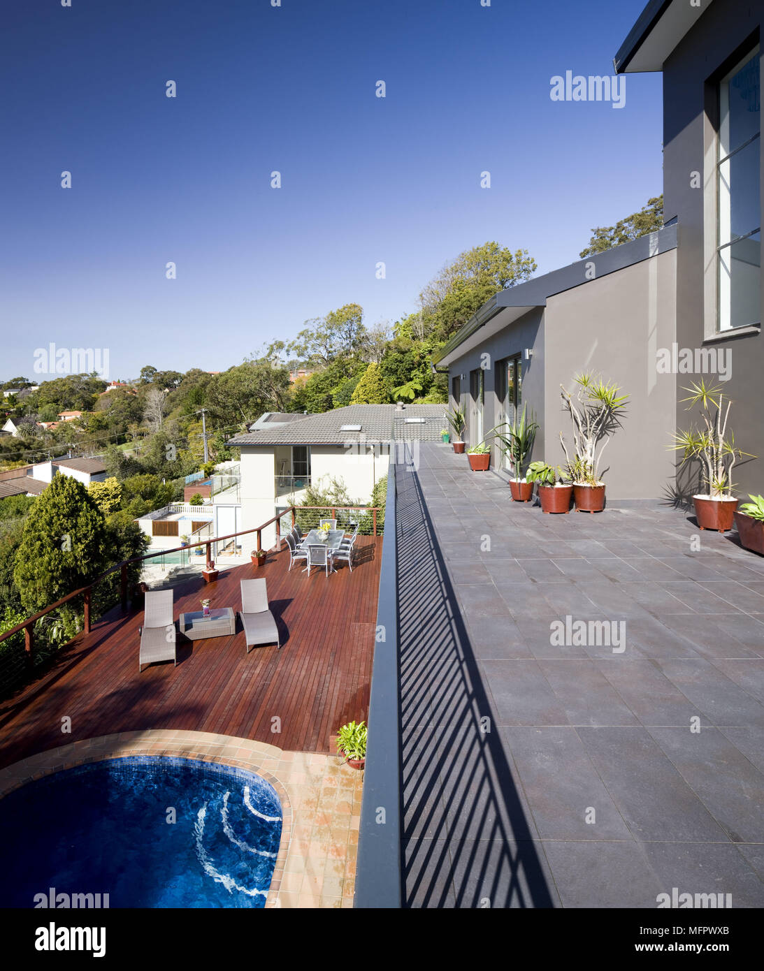 Elevated view of terrace and swimming pool Stock Photo - Alamy