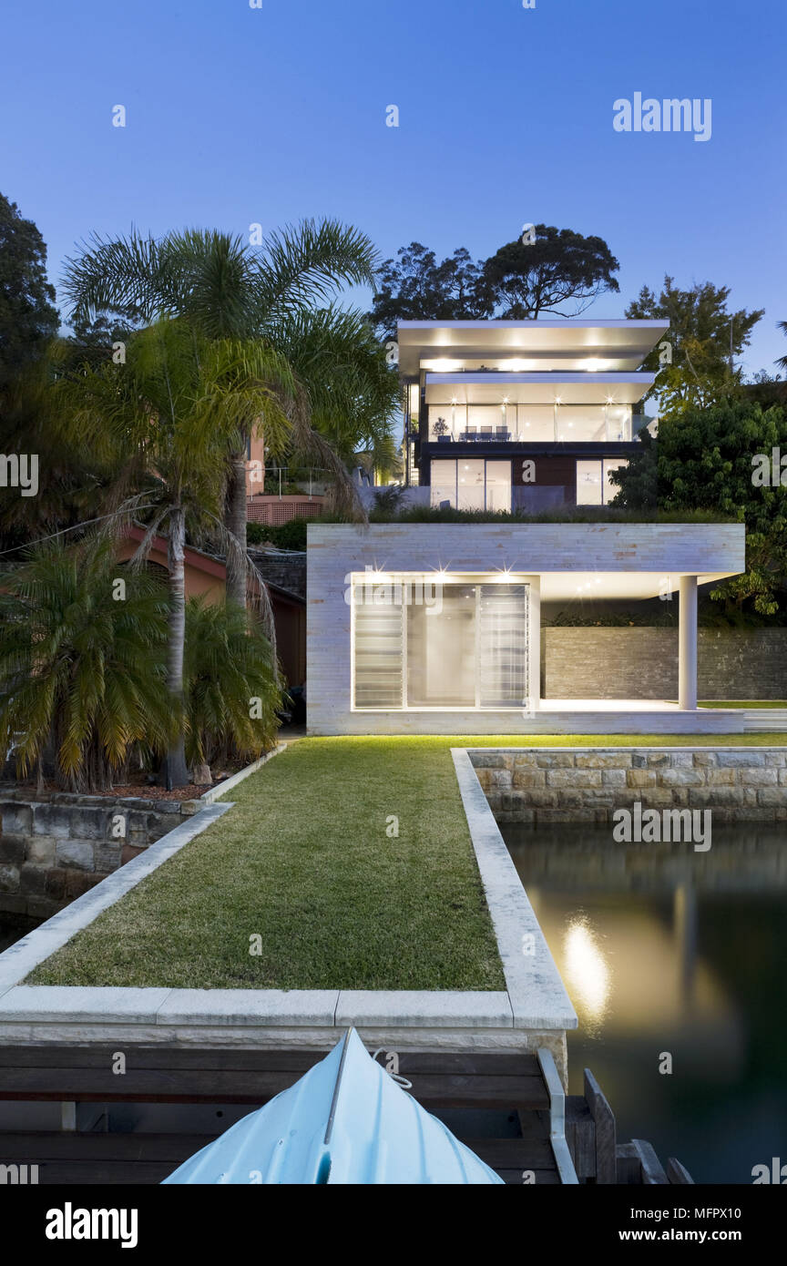 Exterior of modern house with private jetty Stock Photo - Alamy