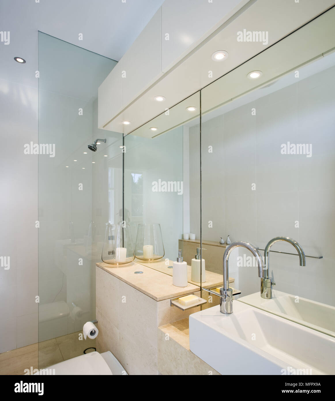 Shower area and washbasin in modern bathroom Stock Photo - Alamy