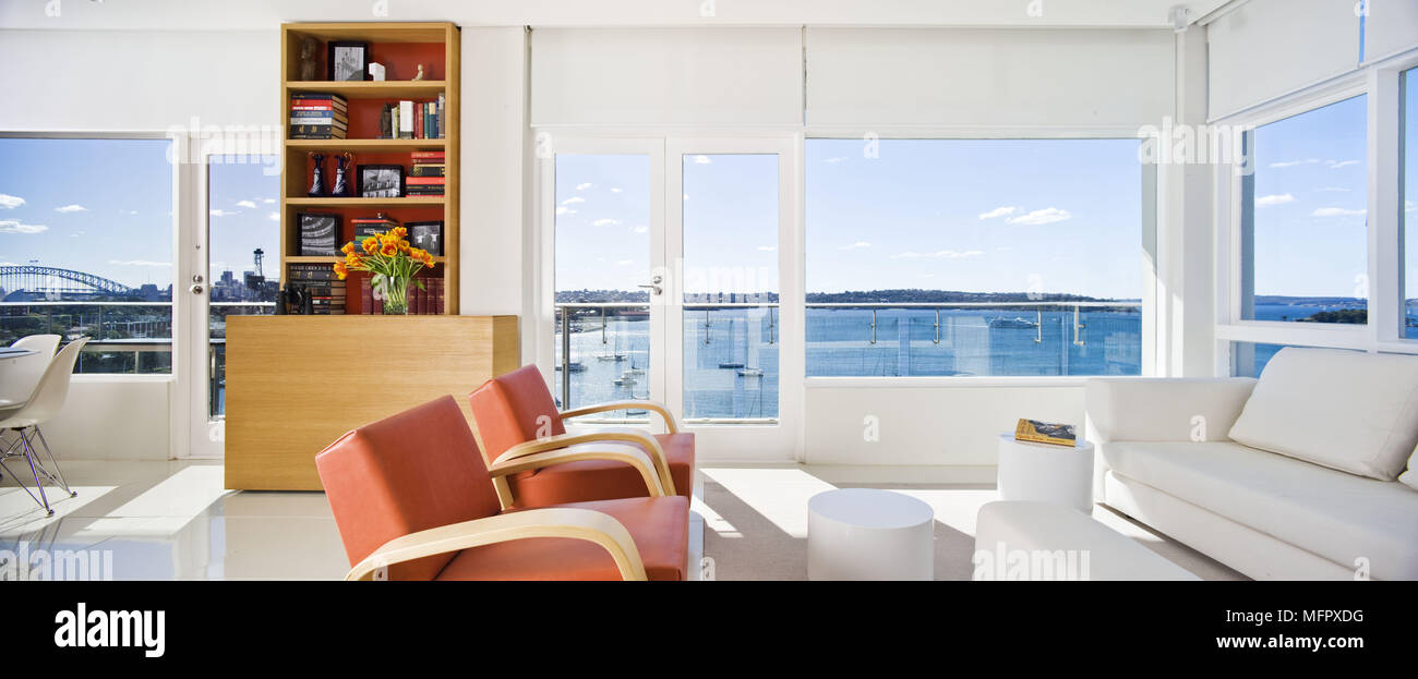 Upholstered seating in modern open plan sitting room Stock Photo - Alamy