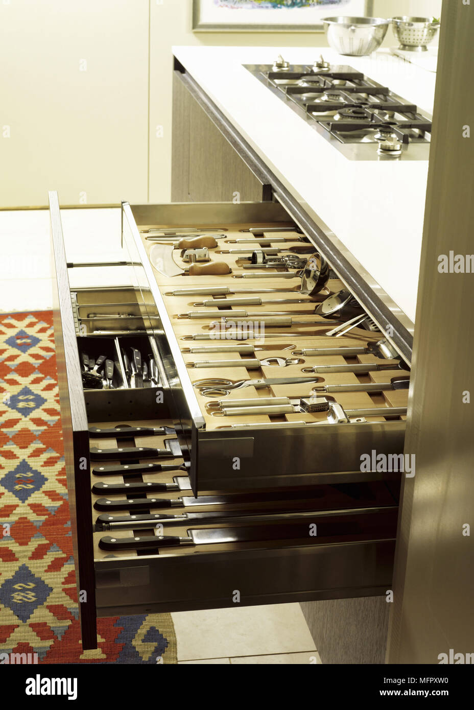 Open cutlery drawers storing knives and cookware Stock Photo - Alamy