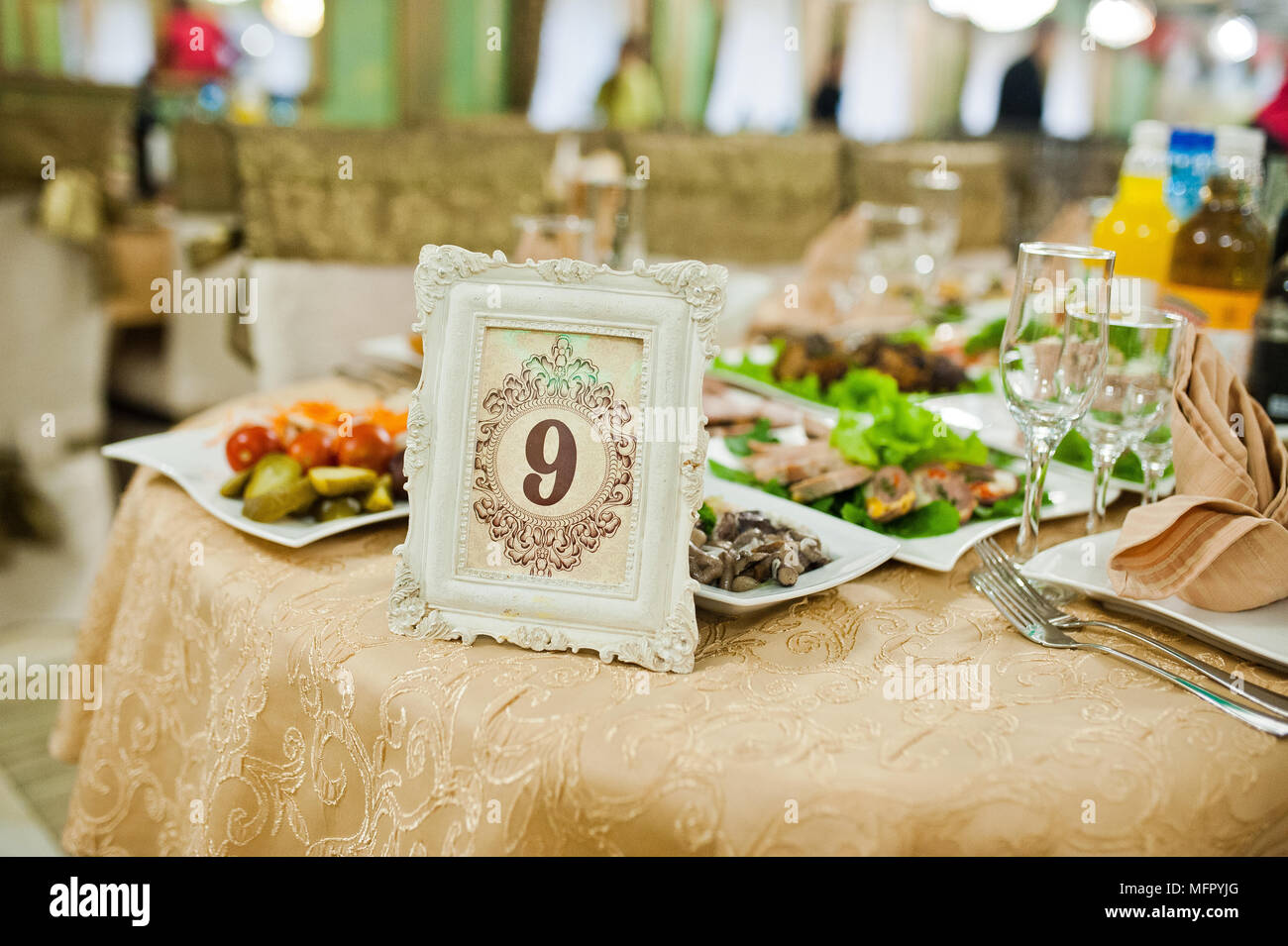 Table of wedding reception with delicious food and number 9 Stock Photo ...