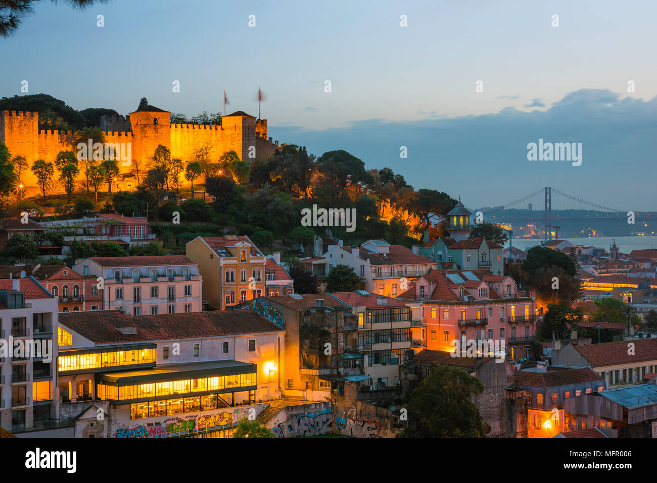 Lisbon skyline,view of the Castelo de Sao Jorge illuminated at night ...