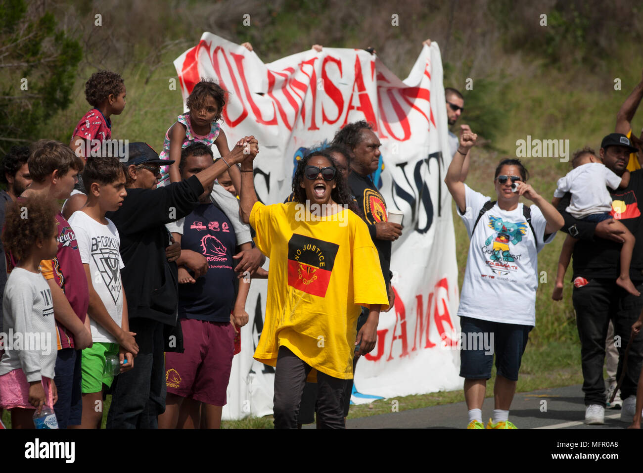Aboriginal activists blocking a road in Gold Coast, Queensland, as they ...