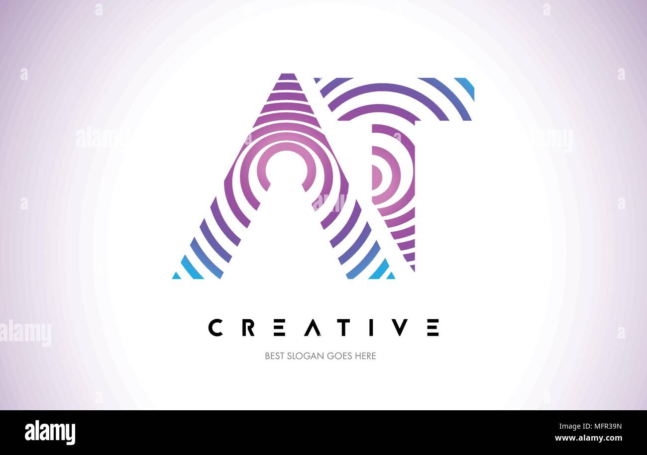 AT Lines Warp Logo Design.Vector Letter Icon Made with Purple Circular ...