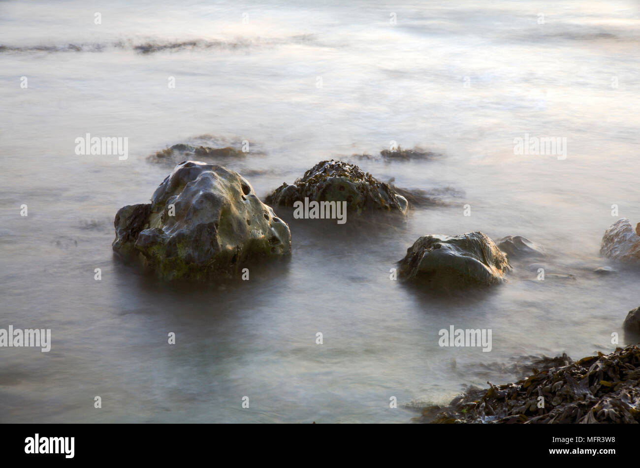 Large flint nodules appearing at low water on the beach at East Runton ...