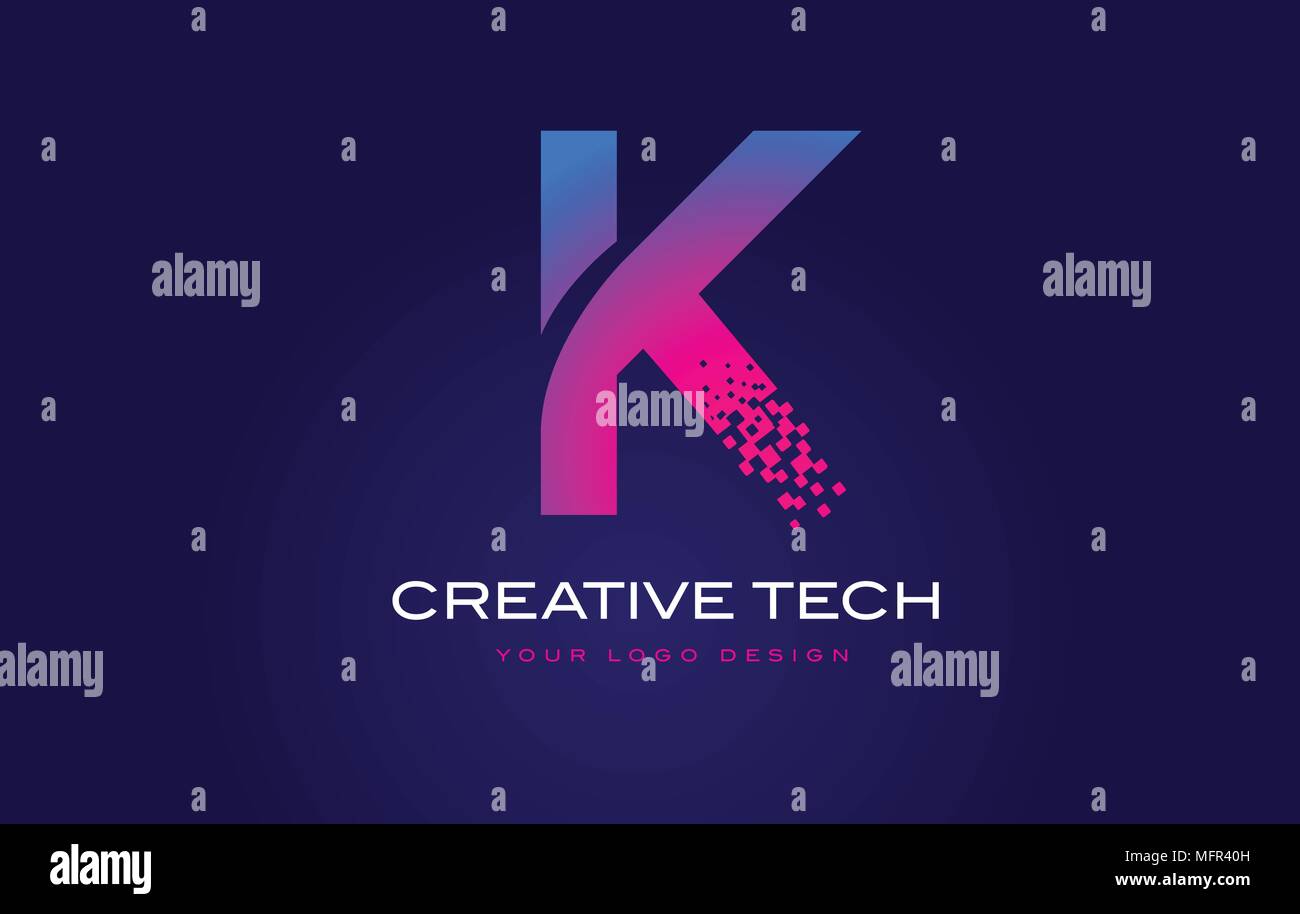 K Initial Letter Logo Design with Digital Pixels in Blue and Purple ...