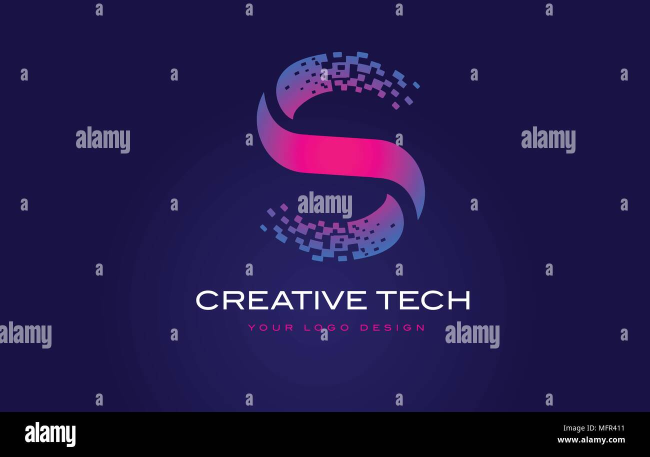 S Initial Letter Logo Design with Digital Pixels in Blue and Purple ...