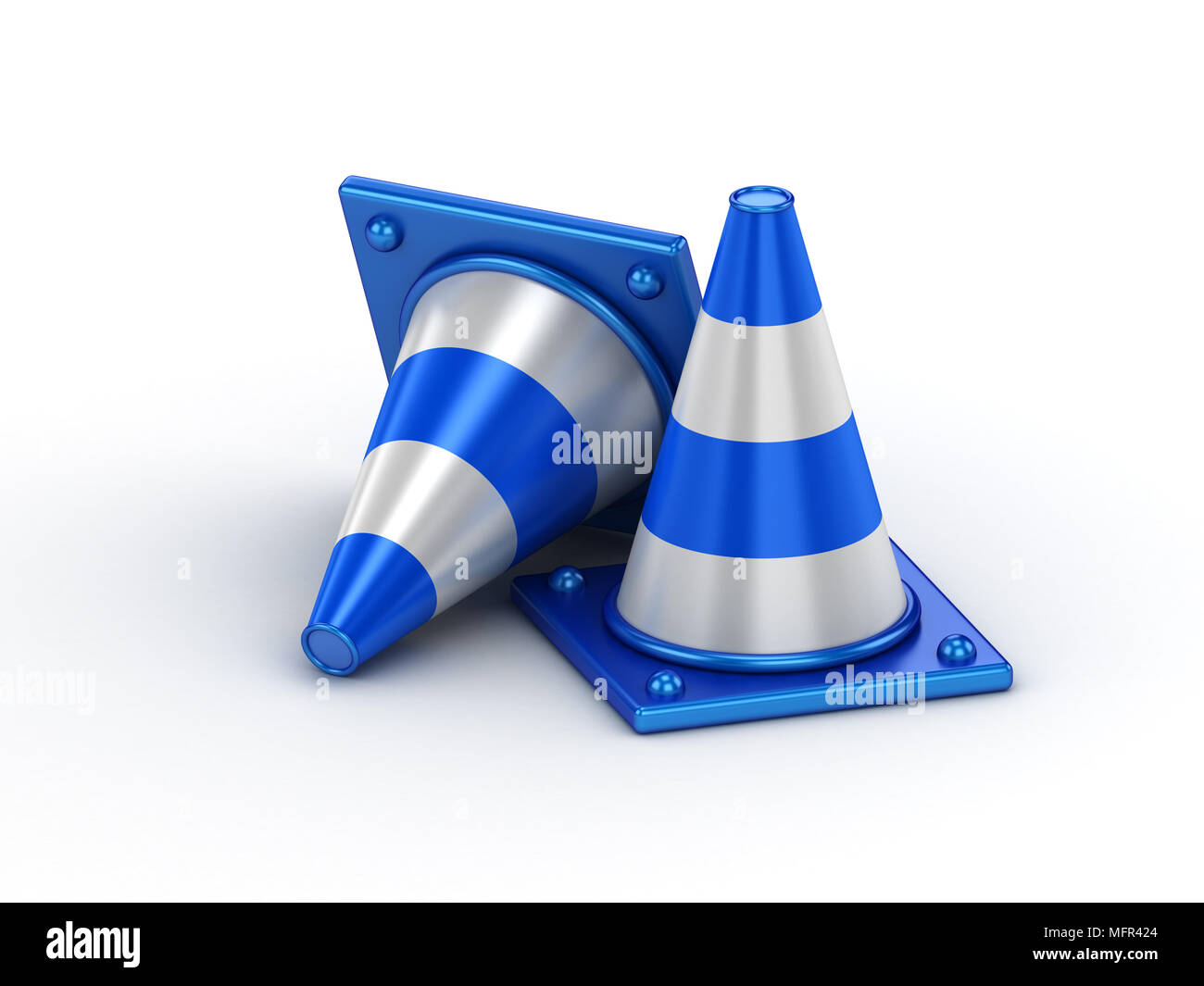 Two 3D blue stripped cones with white background Stock Photo - Alamy