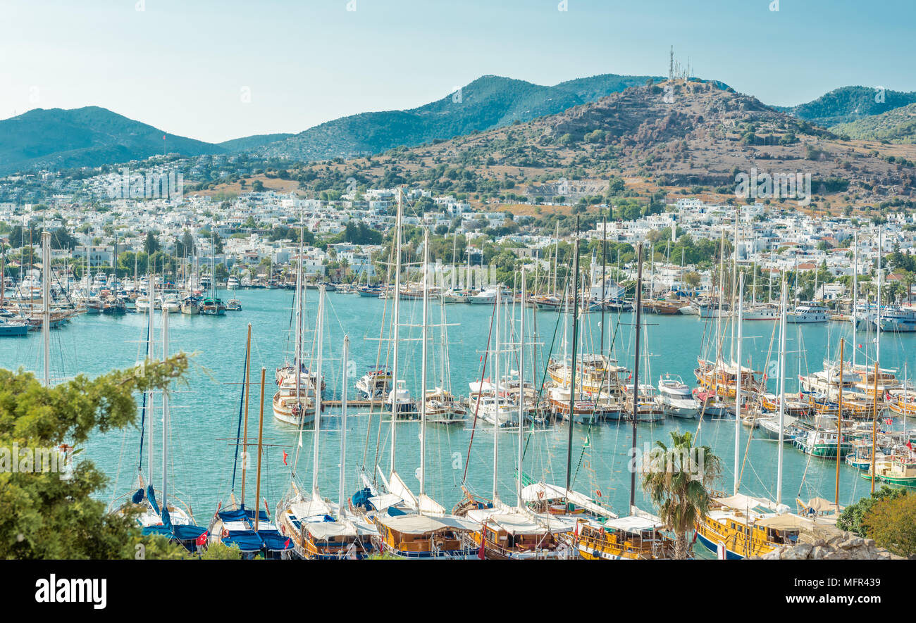 Aerial view of Bodrum Marine with yachts from top of St. Peter Castle ...