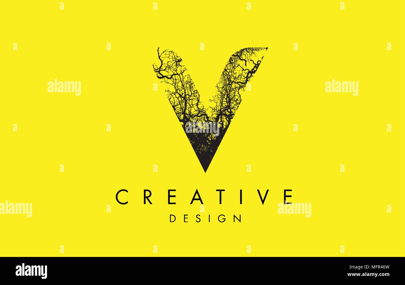 V Logo Letter Made From Black Tree Branches. Tree Letter Design with ...