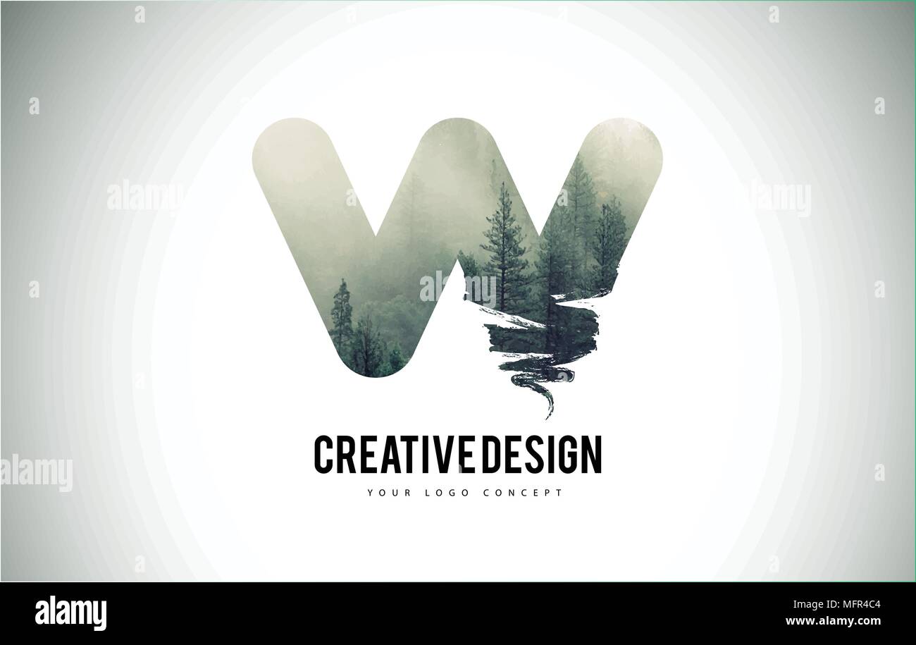 W Letter Brush with Forest Fog Texture. Forest Trees Letter Logo Design ...