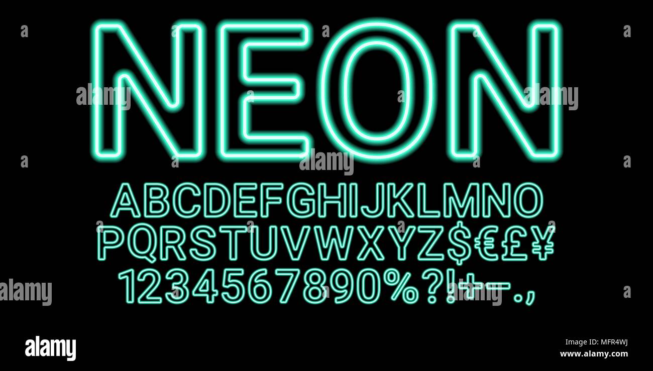 Neon font in cyan color. Vector collection of latin neon letters, neon ...