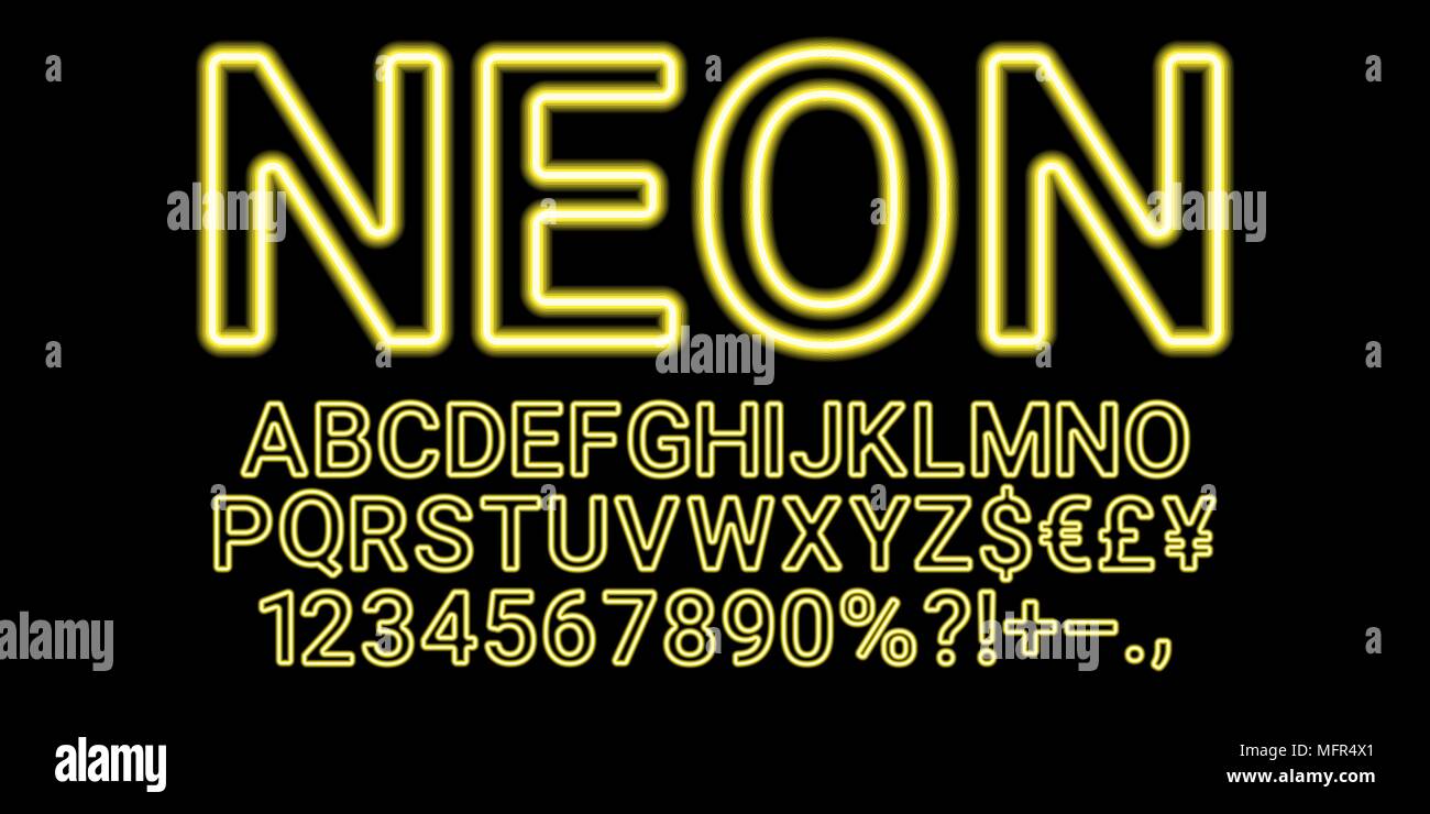 Neon font in yellow color. Vector collection of latin neon letters ...