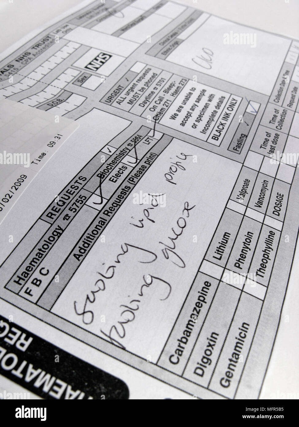 Blood test information on a Haematology & Biochemistry request form ...