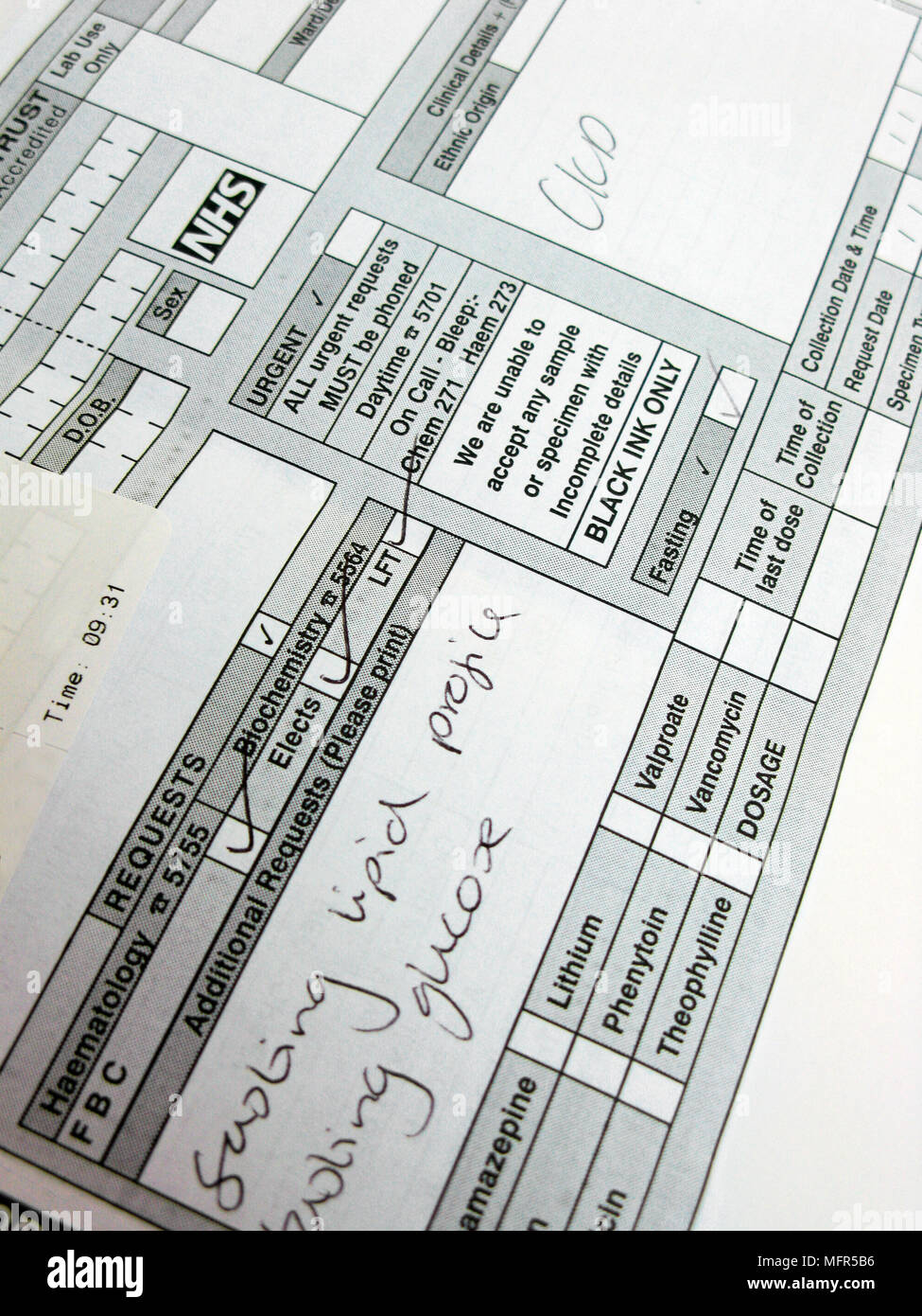 Blood test information on a Haematology & Biochemistry request form ...