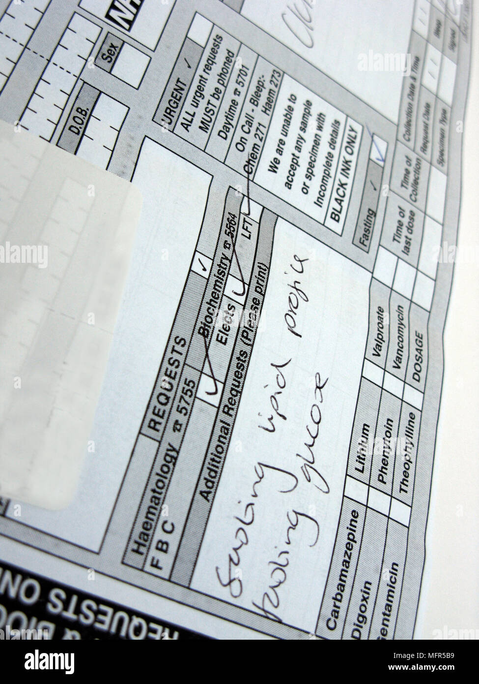 Blood test information on a Haematology & Biochemistry request form ...